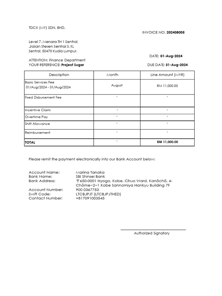 Aug Invoice - Project Sugar Marina Tanaka | PDF