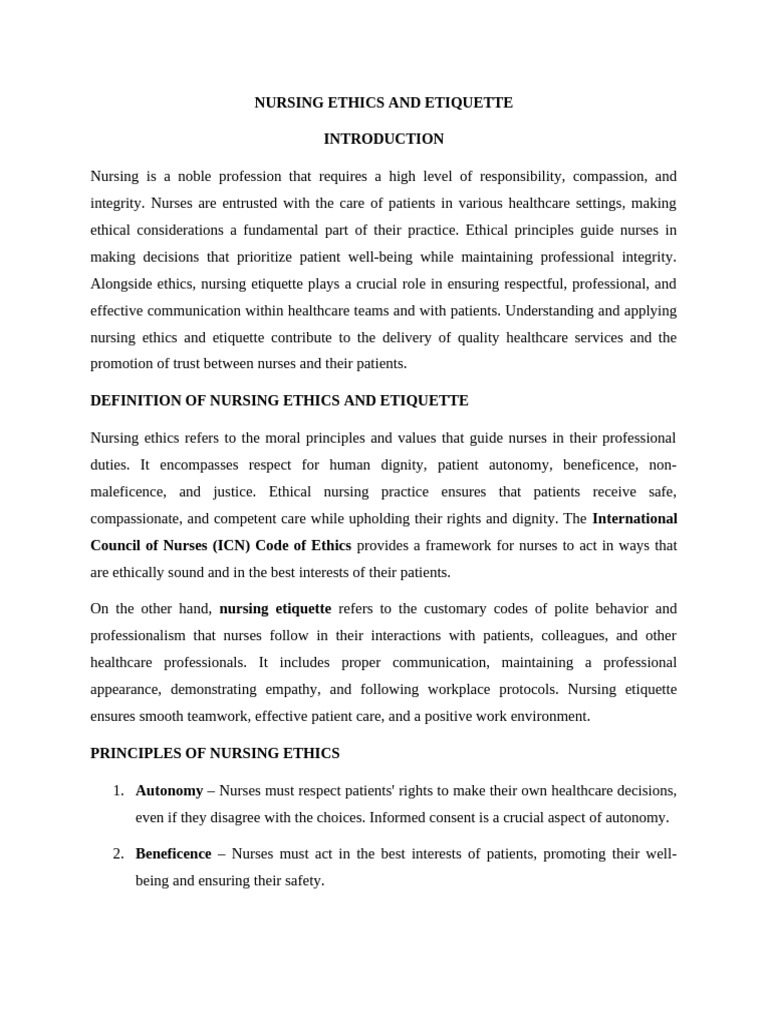 Nursing Ethics and Etiquette Overview | PDF | Nursing | Health Care