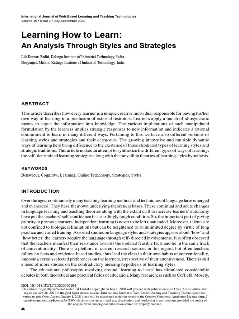 Learning How To Learn An Analysis Through Styles A | PDF | Learning ...