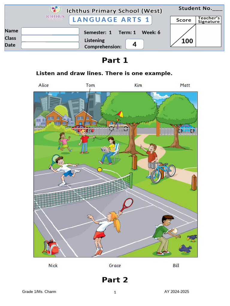 Language Arts 1: Listen and Draw Lines. There Is One Example | PDF