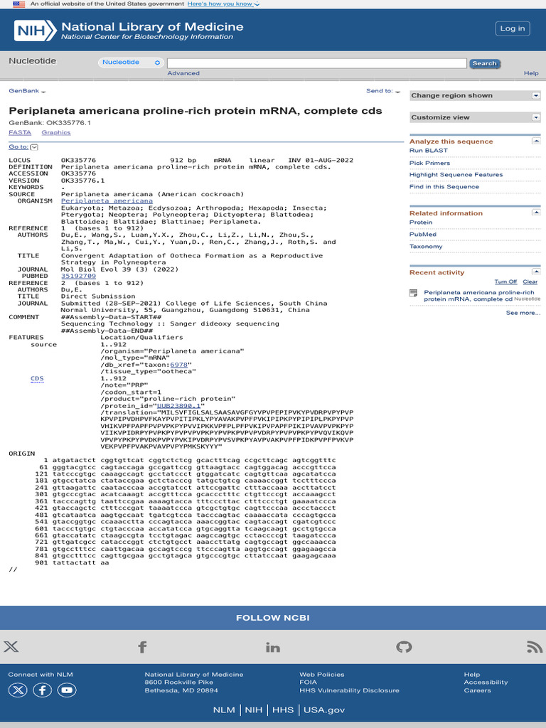 Periplaneta Americana Proline-Rich Protein MRNA, Complete Cds - Nucleotide - NCBI | PDF ...