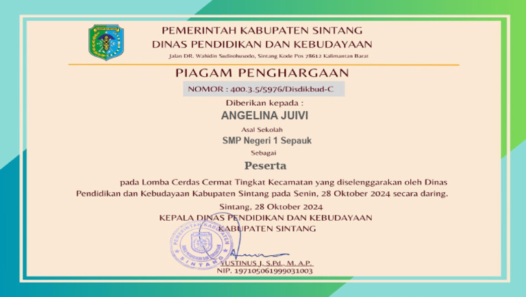 ANGELINA JUIVI - Piagam LCC Kec | PDF