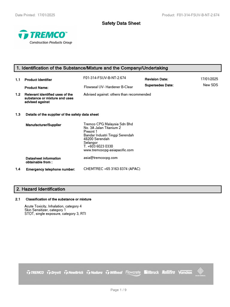 Flowseal UV-Hardener B-Clear-my-SDS | PDF | Toxicity | Dangerous Goods