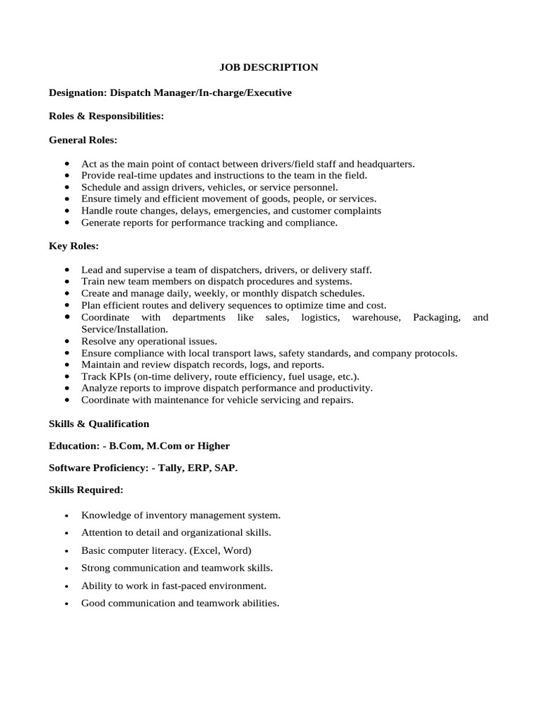 Dispatch Manager Job Description | PDF