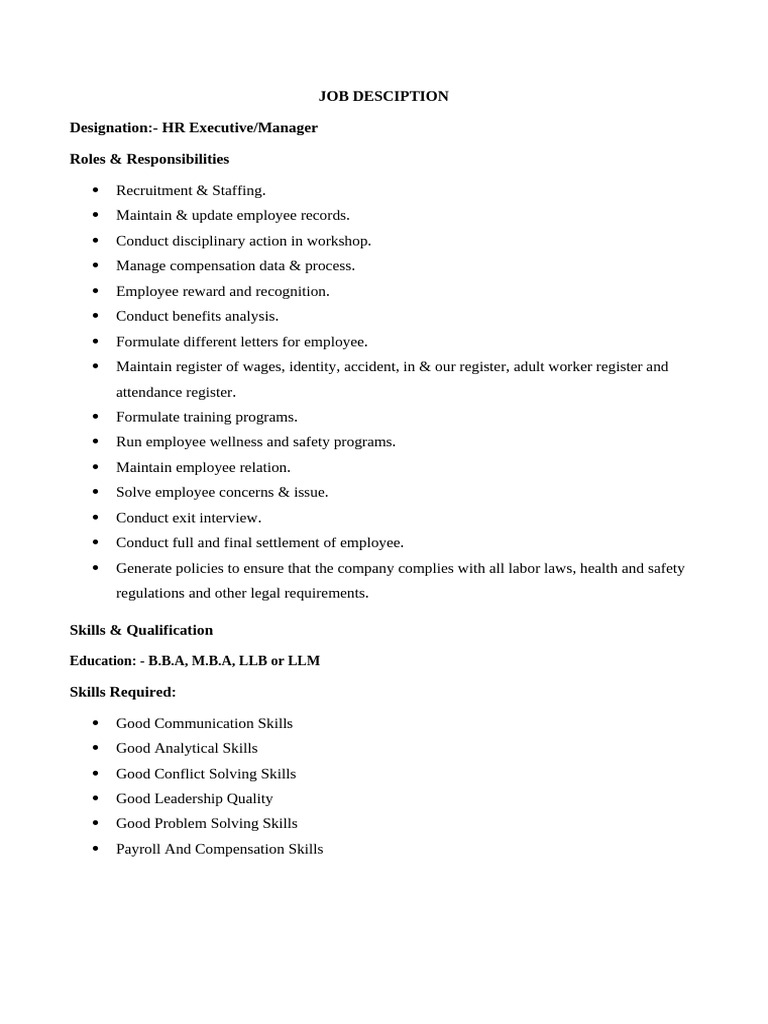 HR Executive/Manager Job Overview | PDF