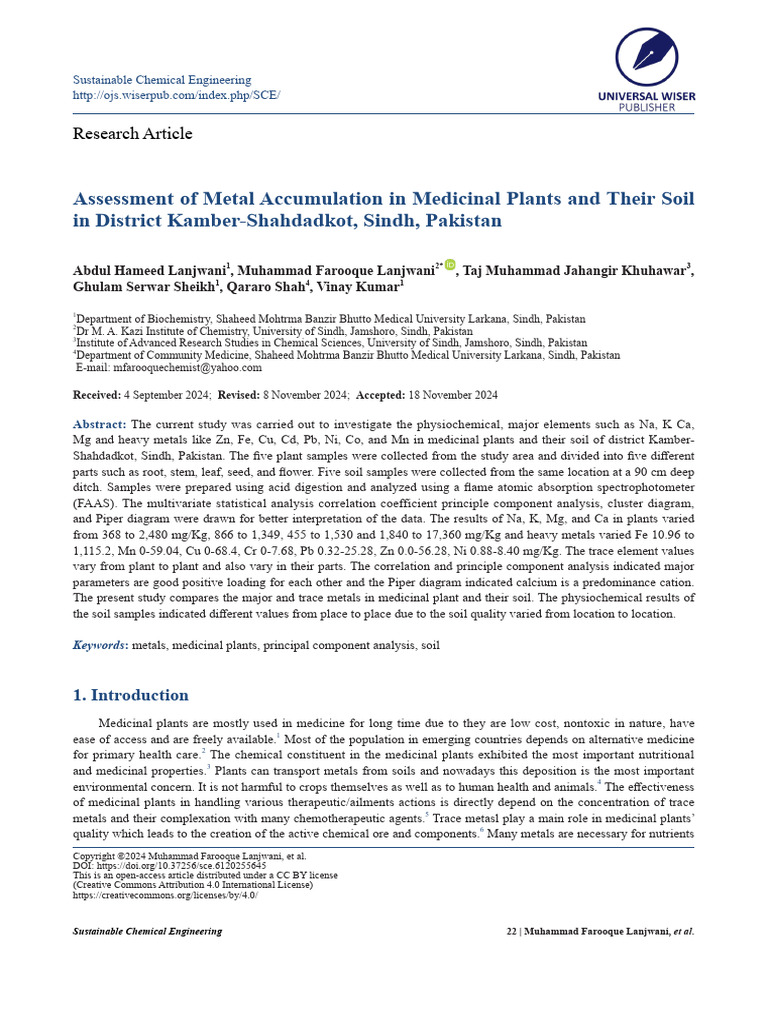 Assessment of Metal Accumulation in Medicinal Plants and Their Soil in ...