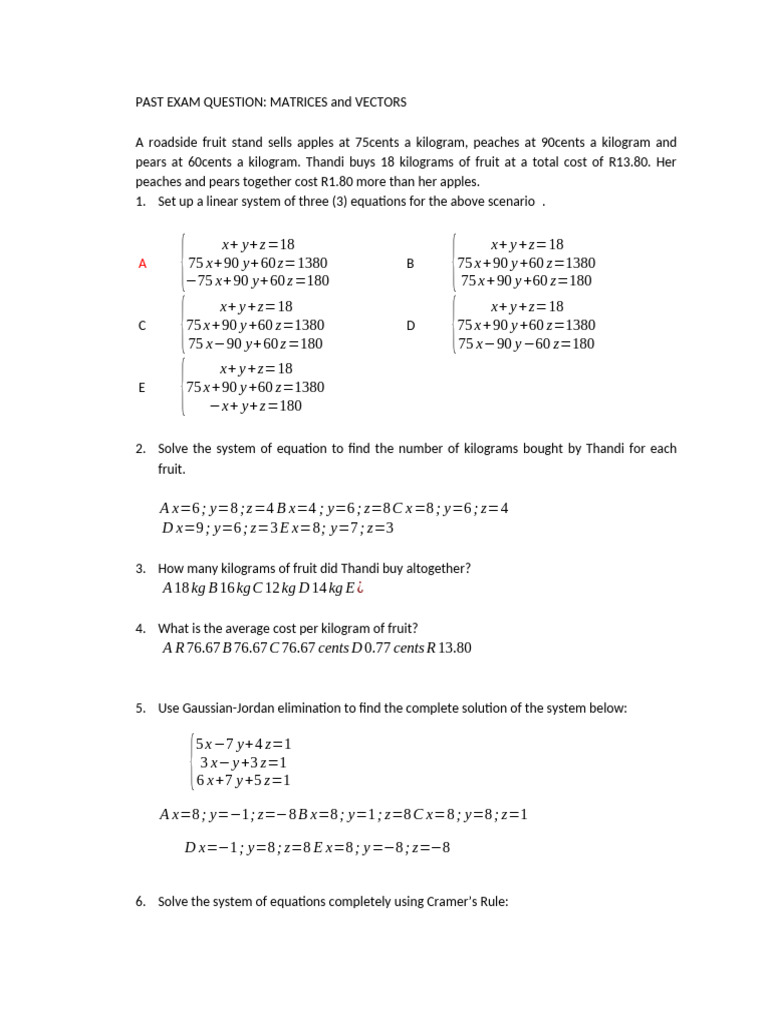 Past Examquestions Matrices | PDF | System Of Linear Equations ...