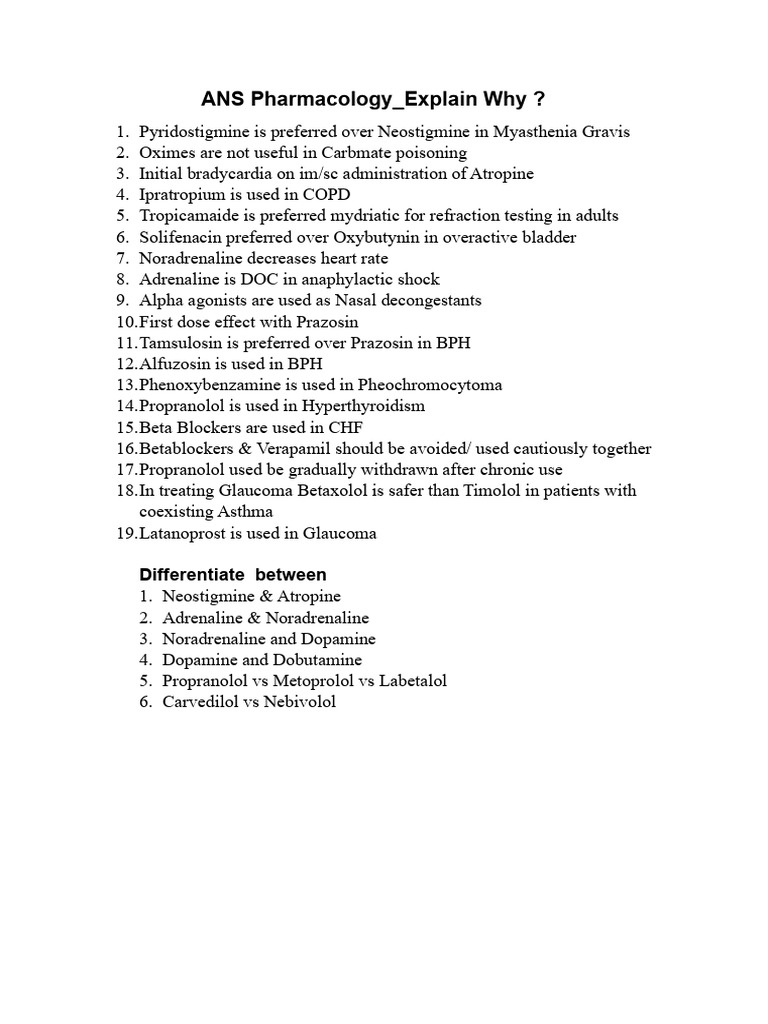 ANS Pharmacology Explain Why Questions | PDF
