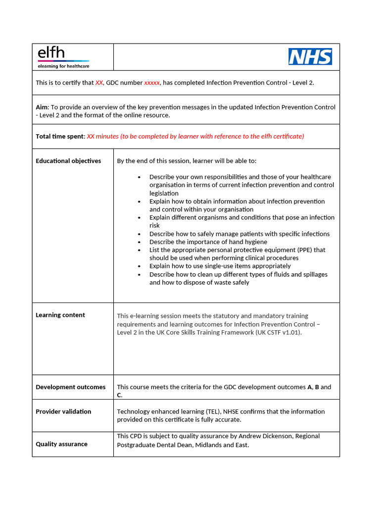 Infection Prevention Control Level 2 CPD Form | PDF