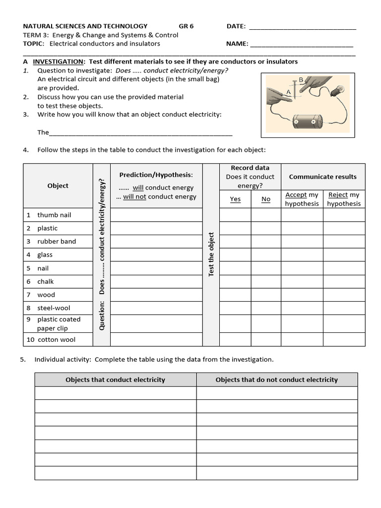 Activity Sheet For Electrical Conductors and Insulators Lesson Gr. 6 ...