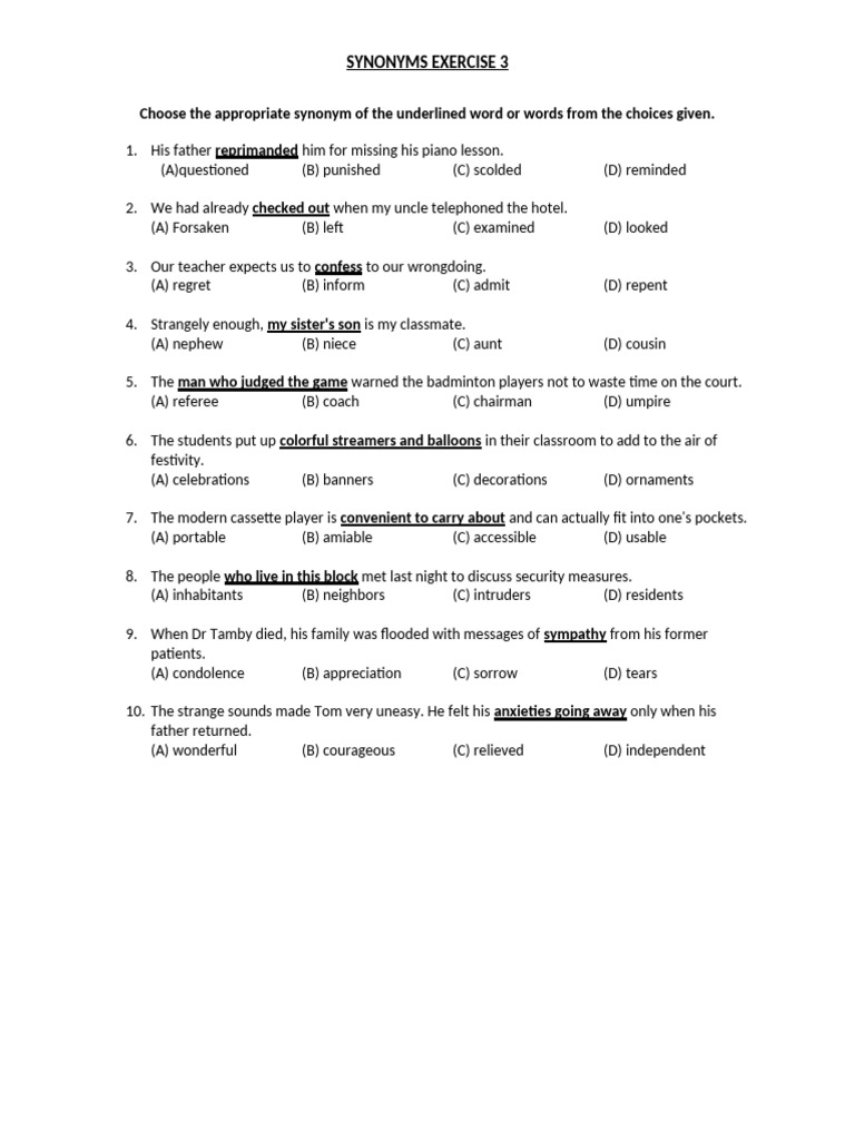 Synonyms Exercise 3 | PDF