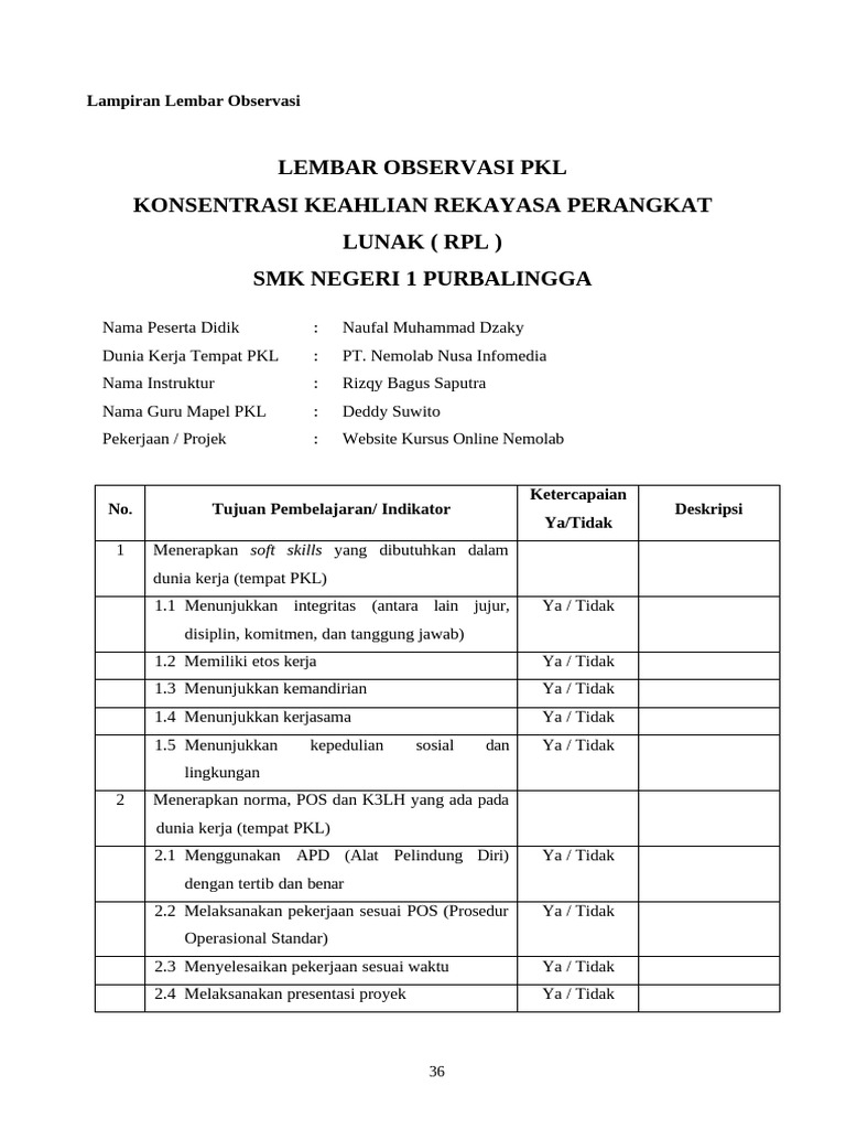 Contoh Lembar Observasi Laporan PKL | PDF