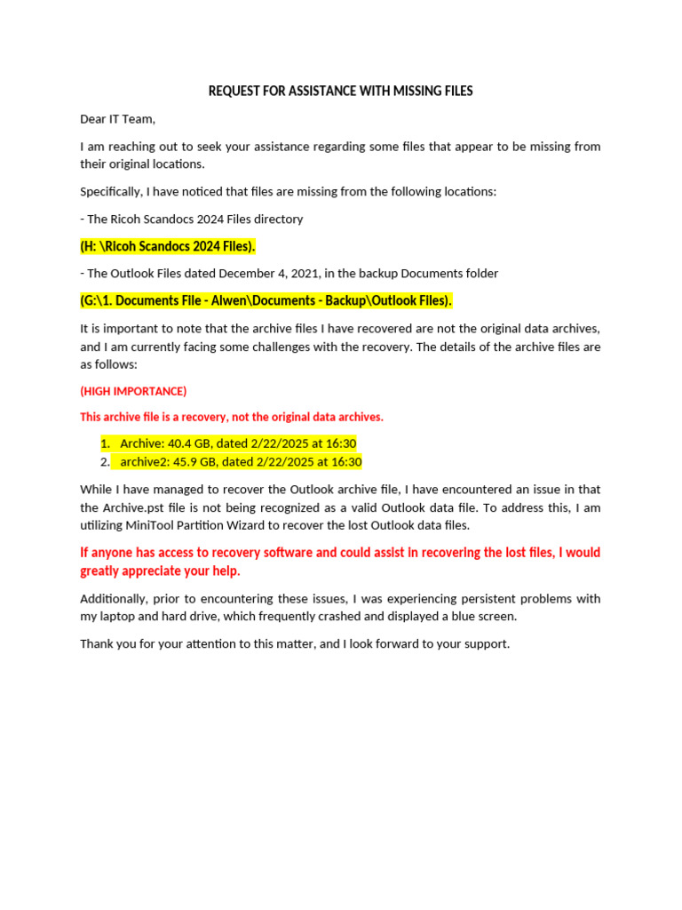 Request For Assistance With Missing Files | PDF