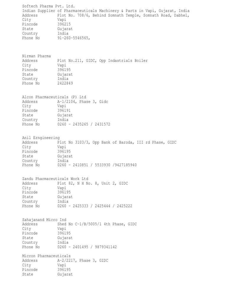 Pharma Companies in Vapi | PDF | Gujarat | Economy Of India