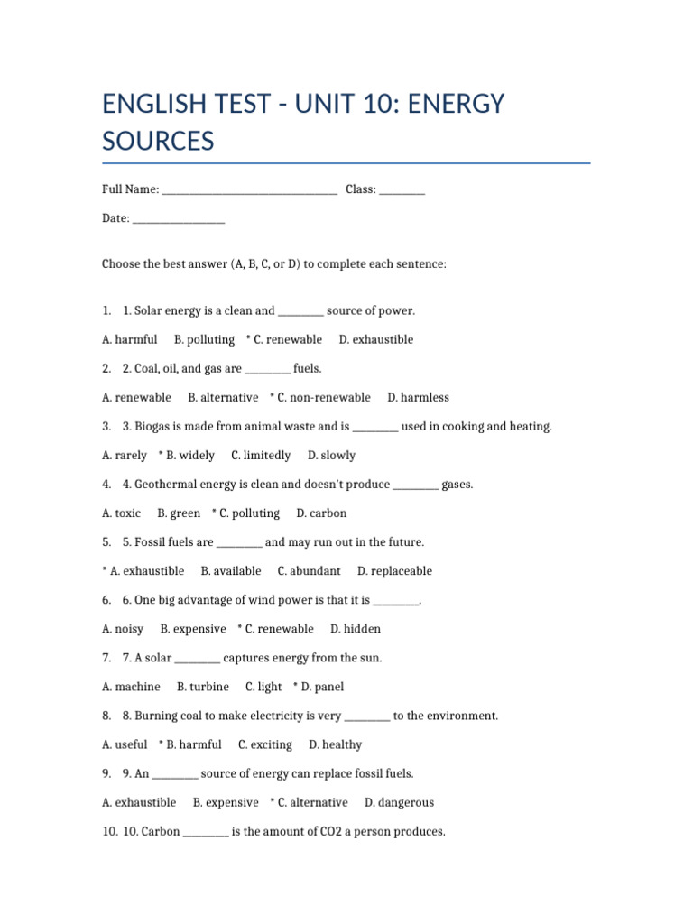 Energy Sources English Test Unit 10 | PDF | Energy Development | Fuels