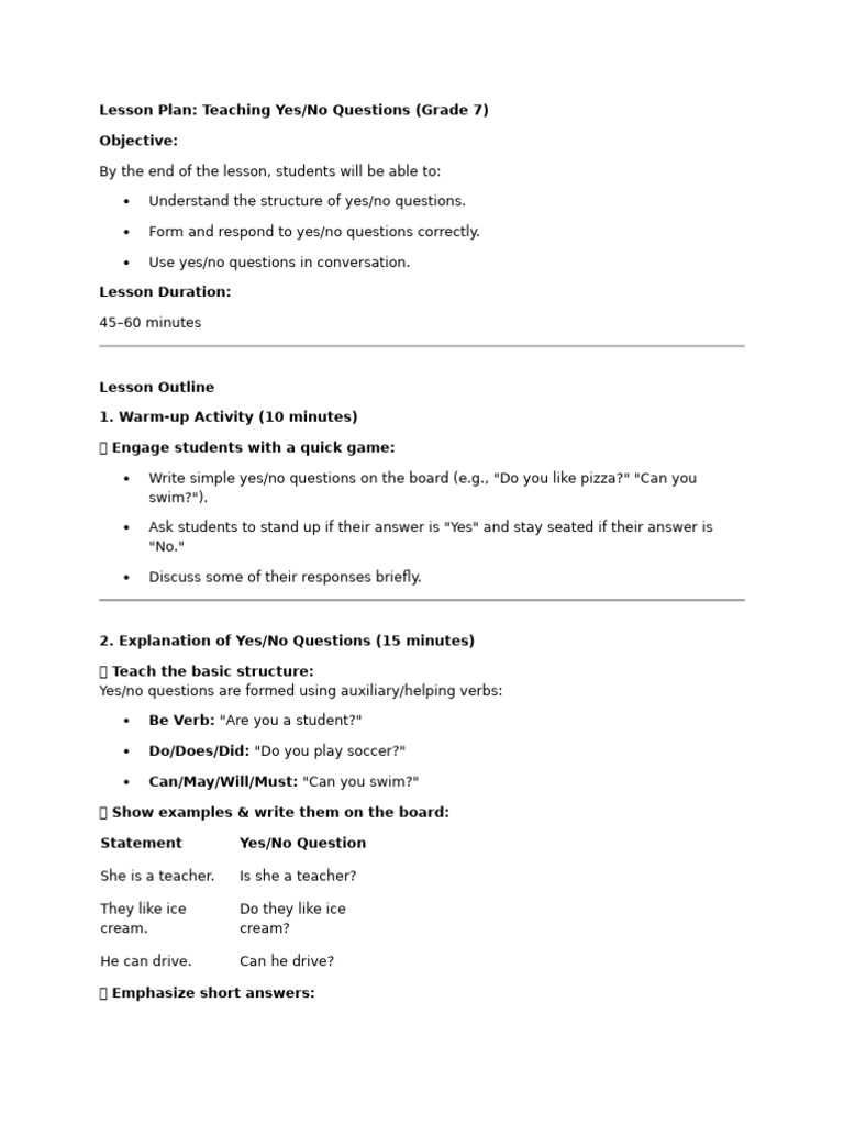 Lesson Plan YEs, No Question | PDF