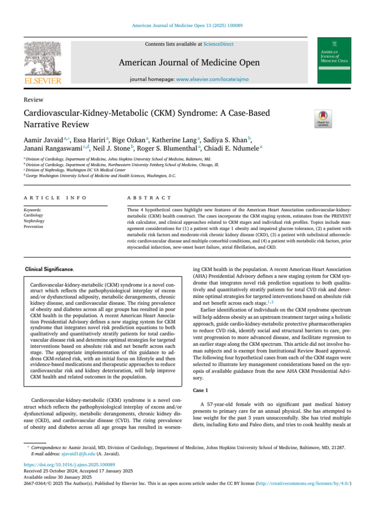 Cardiovascular Kidney Metabolic CKM Syndrome a Case Based Narrative ...