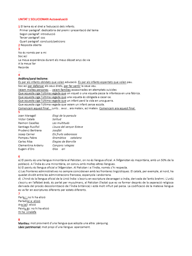 Solucionari Unitat 1, Autoavaluació I Pau | PDF