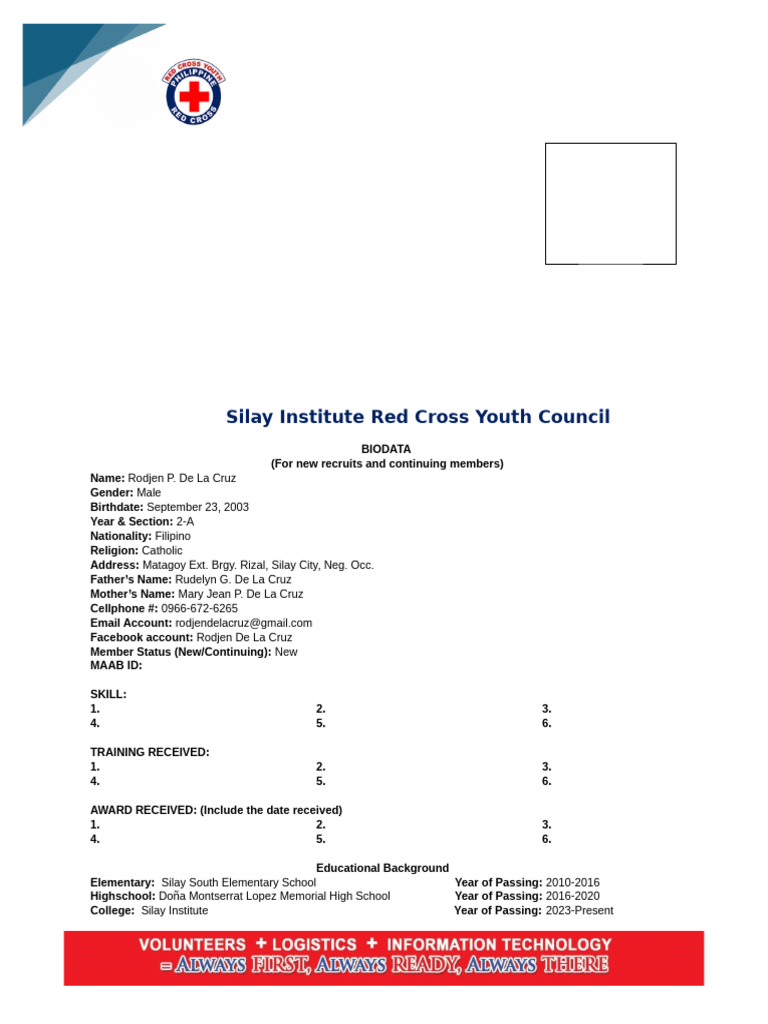 Silay Institute Red Cross Youth Biodata | PDF