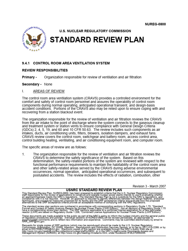 Control Room Area Ventilation System NRC Standard Review Plans Nureg800 ...