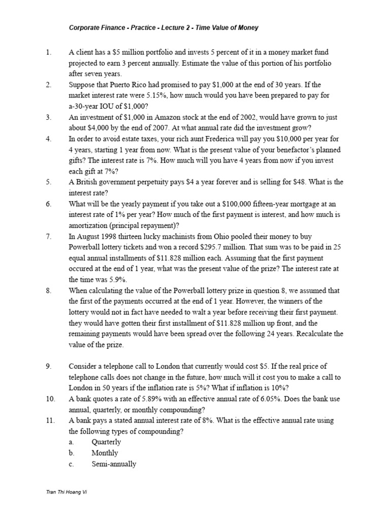 Time Value of Money: Corporate Finance Exercises | PDF | Interest | Present Value