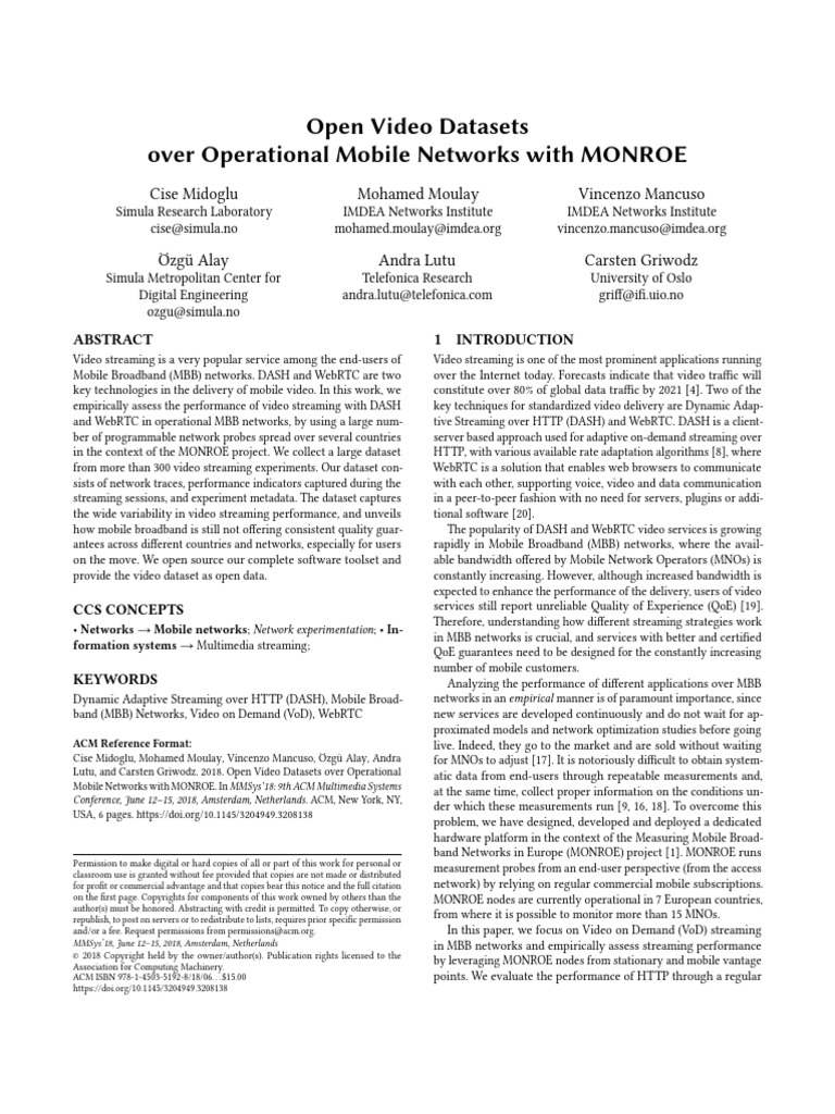 Open Video Datasets Over Operational Mobile Networks With MONROE | PDF ...