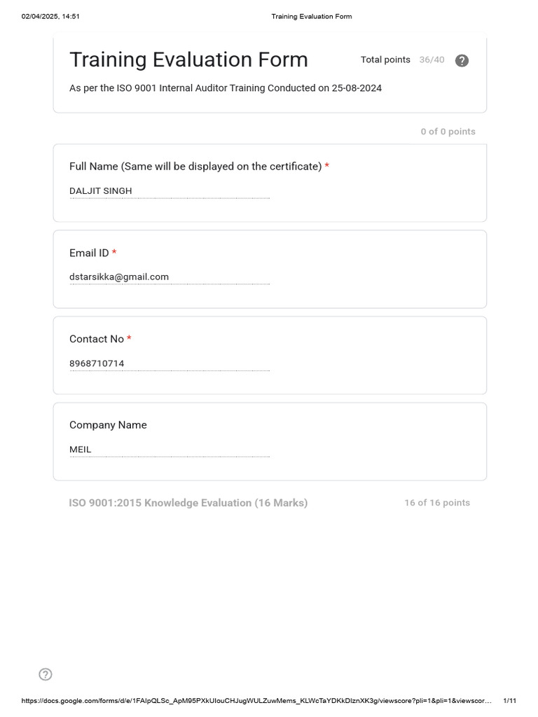 ISO 9001:2015 Training Evaluation Form | PDF | Audit | Performance ...