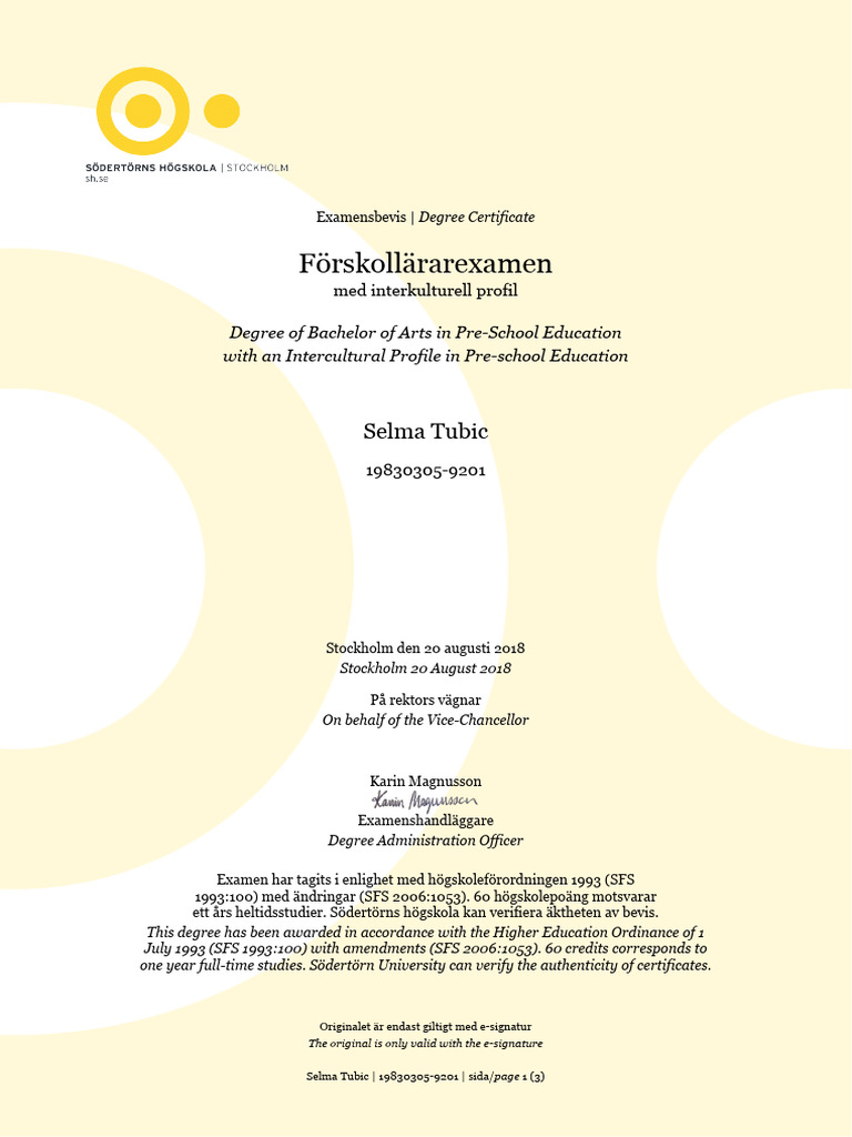 SelmaTubic830305 (Part 1) - Signerat | PDF | Knowledge | Academic Degree