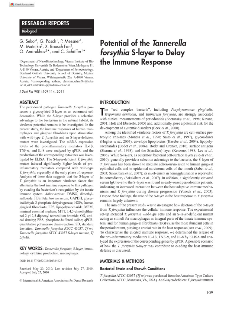 Sekot Et Al 2010 Potential of The Tannerella Forsythia S Layer To Delay ...