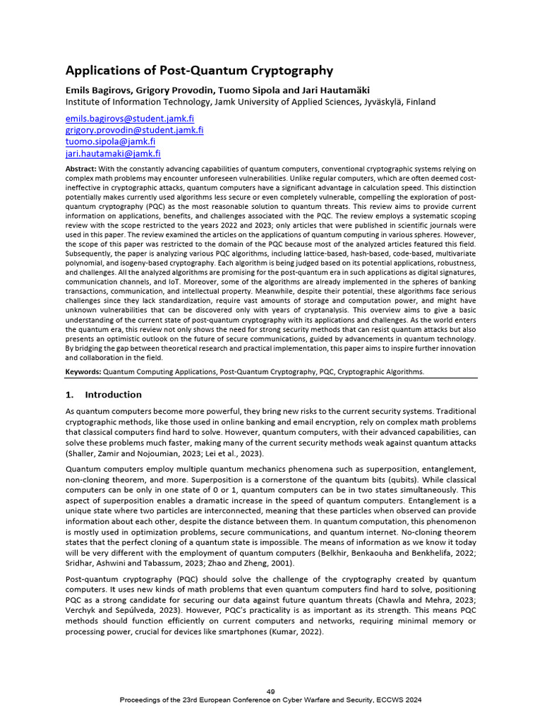 Applications of Post-Quantum Cryptography | PDF | Quantum Computing | Cryptography