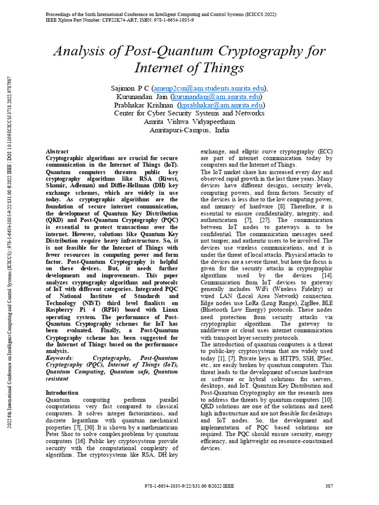 Analysis of Post-Quantum Cryptography For Internet of Things | PDF | Cryptography | Public Key ...