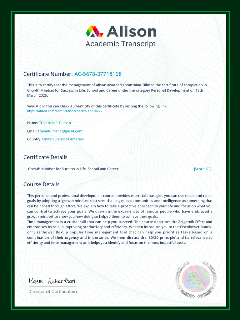 Alison_certificate_transcript_growth_mindset_for_success_in_life,_school_and_career | PDF