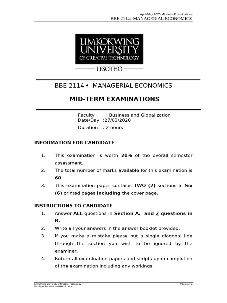 Managerial Economics Mid-Term EXAM 2020 | PDF | Economic Theories | Microeconomics