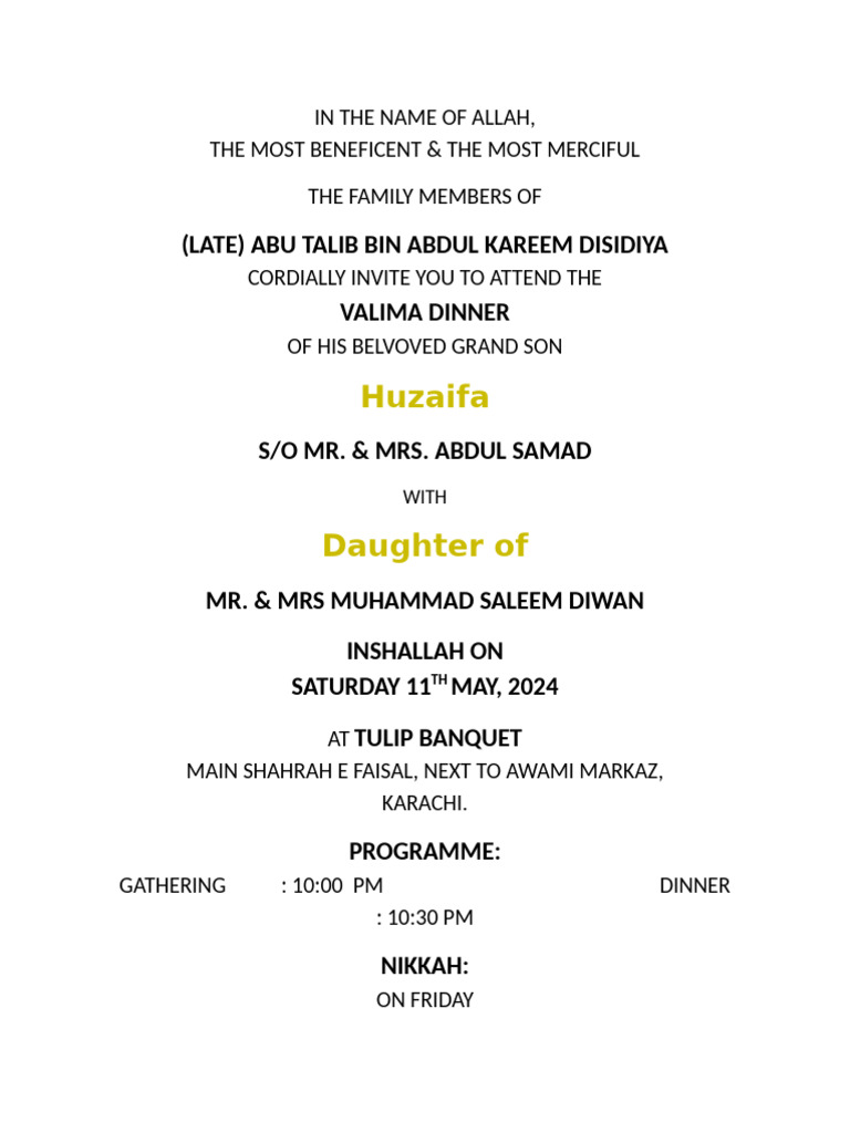 Valima Dinner Invitation for Huzaifa | PDF