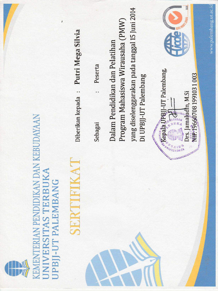 Sertifikat Putri Mega Silvia | PDF