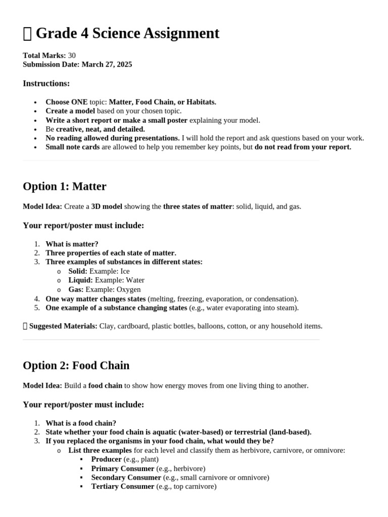 Grade 4 Science Project Guidelines | PDF | Foods | Water