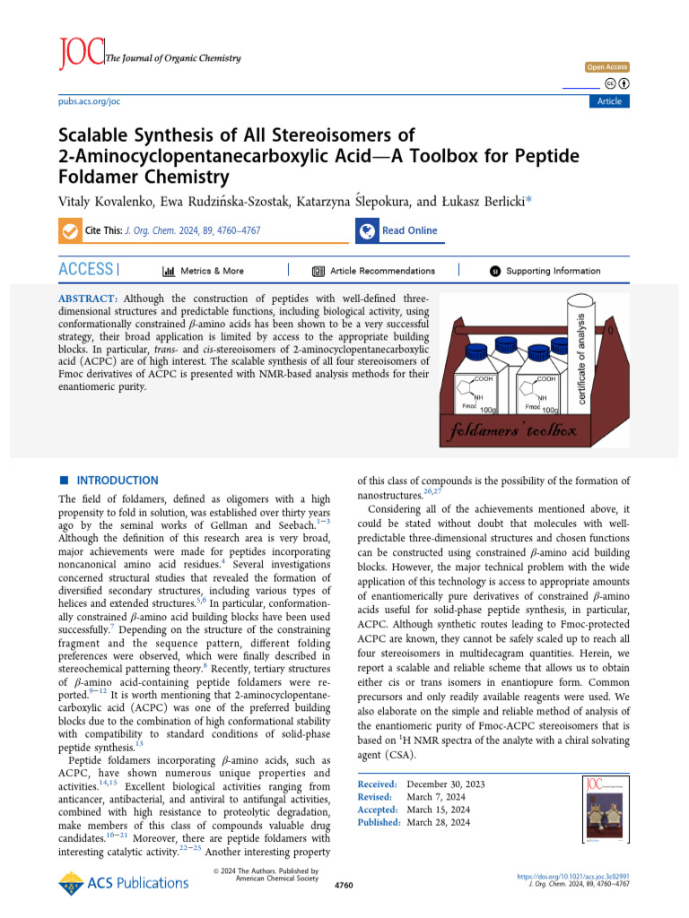 Scalable Synthesis of All Stereoisomers of2‑Aminocyclopentanecarboxylic ...