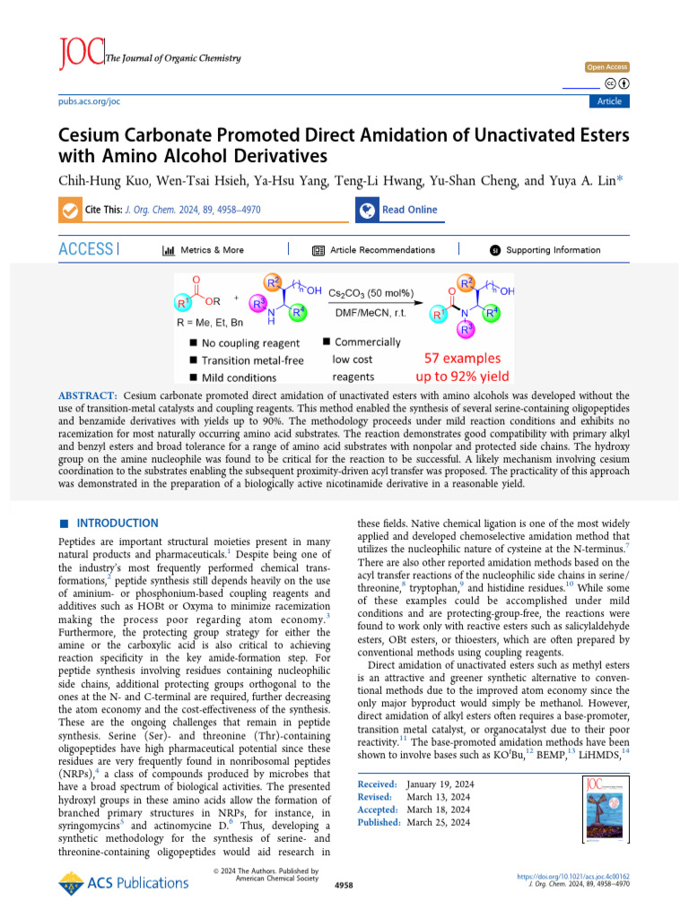 Cesium Carbonate Promoted Direct Amidation of Unactivated Esterswith Amino Alcohol Derivative ...