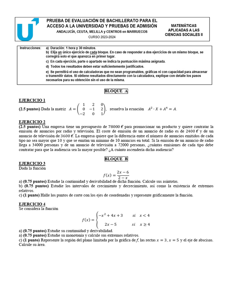 Examen - Titular-B - MATEM TICAS APLICADAS A LAS CC - SS. II | PDF | Matemáticas