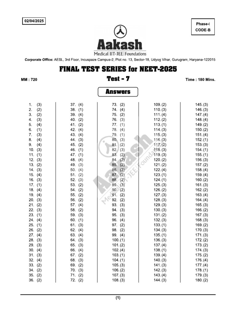 Final Test Series Answer Key And Solution Code 7b Pdf 2695