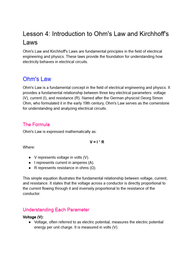 Lesson 4 Introduction To Ohms Law and Kirchhoffs Laws | PDF ...