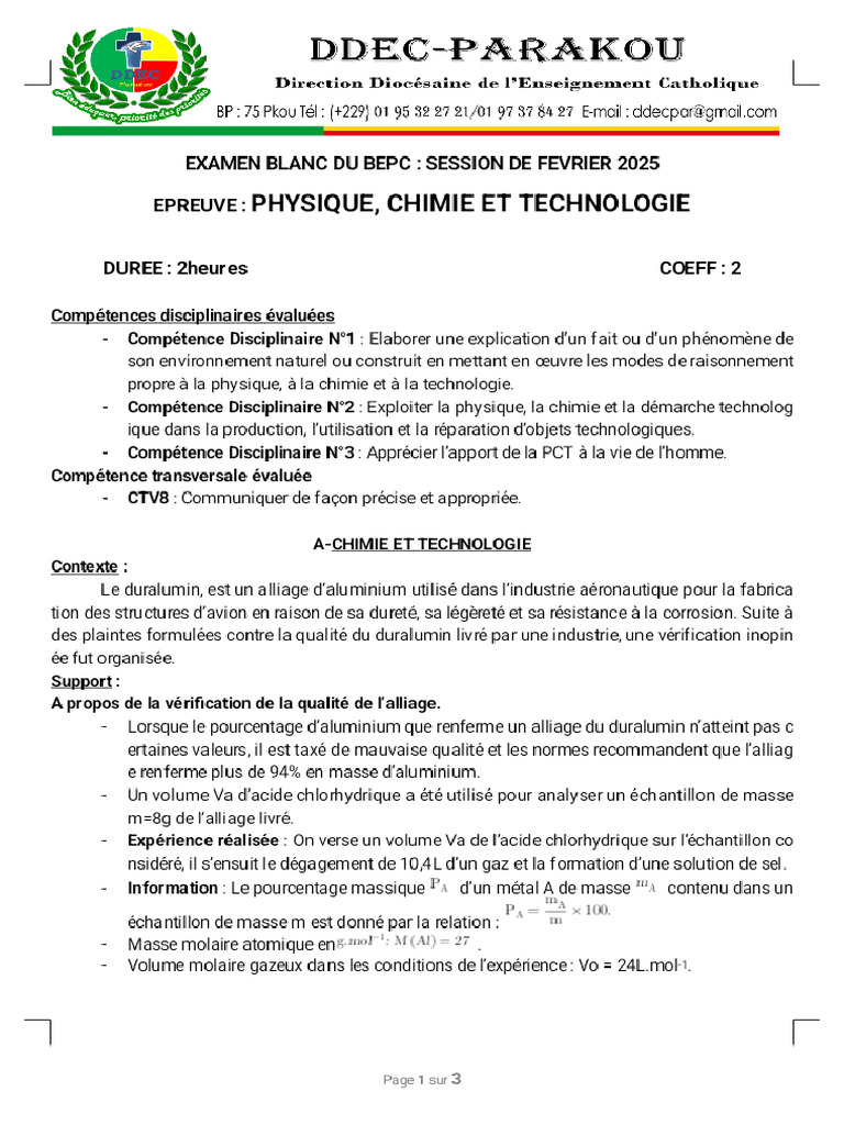 E.B. Dioc. Fév. 25 BEPC - PCT - Phoenix | PDF