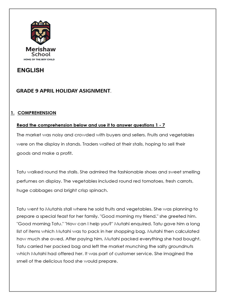 Grade Nine Eng Holiday Asignment | PDF | Linguistics | Linguistic Morphology