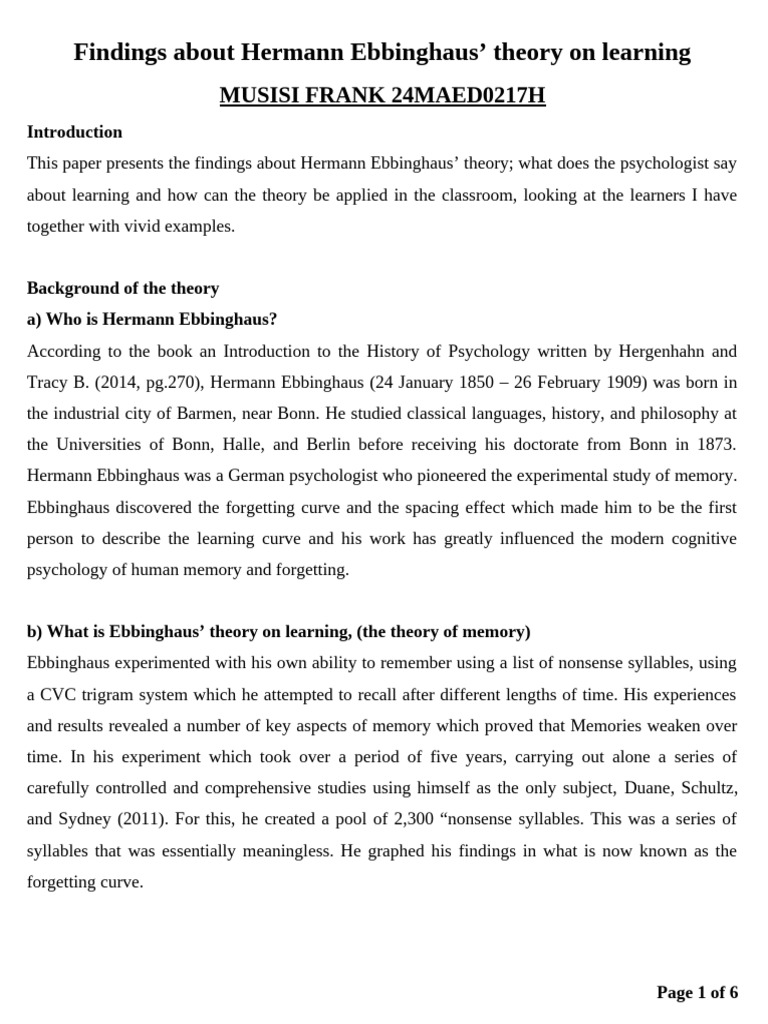 Assignment - Psychology of Learnig Hermann Ebbinghaus | PDF | Learning ...