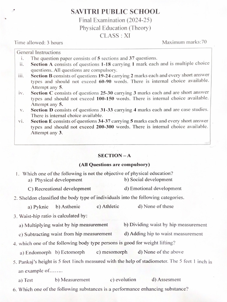 Physical Education Question Paper - Xi | PDF