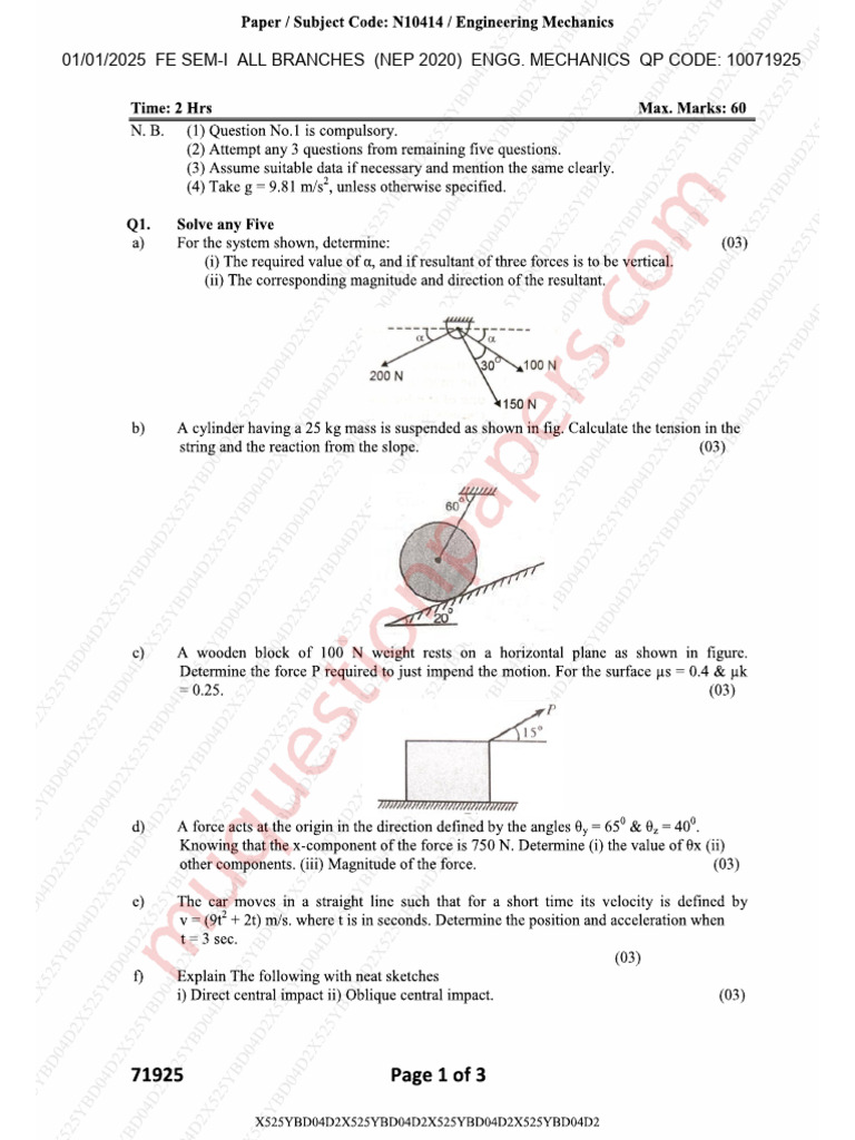Be First Year Engineering Semester 1 2024 December Engineering Mechanics Nep 2020 Scheme | PDF