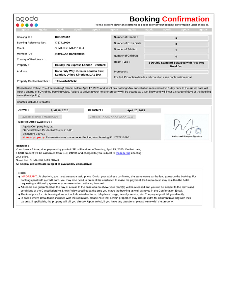 Confirmation For Booking ID # 1891325612 | PDF | Payments