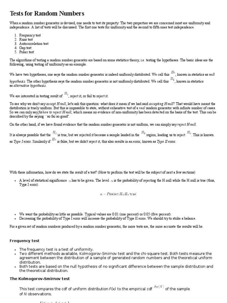 Tests For Random Numbers | PDF | Statistical Hypothesis Testing | Null ...