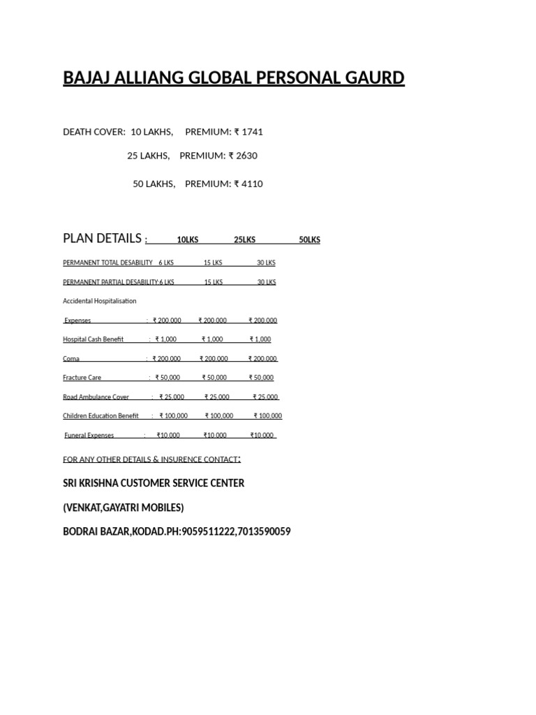 Bajaj Alliang Global Personal Gaurd: Plan Details | PDF