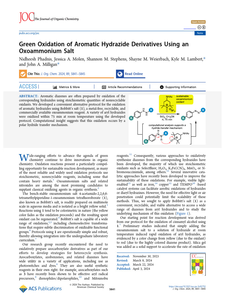 Green Oxidation of Aromatic Hydrazide Derivatives Using Anoxoammonium ...
